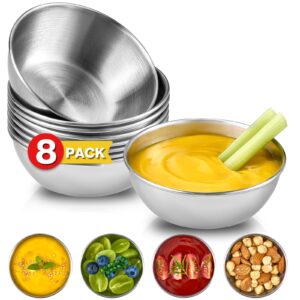 8 pack stainless steel soy sauce dishes, 4 oz dipping bowls, mini prep bowls pinch bowls, individual saucers bowl, small bowls for dips, round seasoning dishes, sushi appetizer plates, sliver (304)