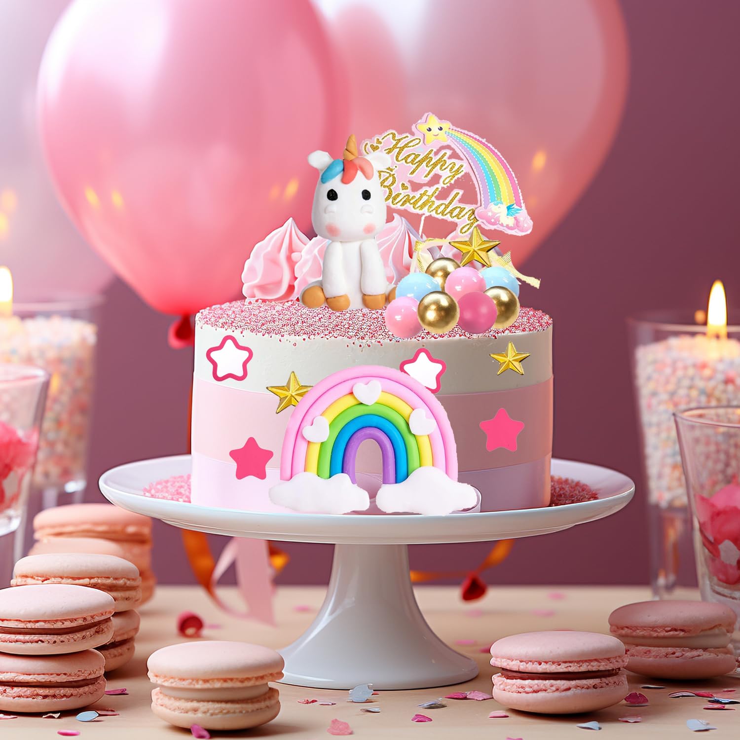 29 PCS Unicorn Cake Topper, Unicorn Cake Decorations with Rainbow Stars Unicorn Balls Happy Birthday Cake Decorations for Boys Girls Kids Birthday Party Baby Shower Supplies