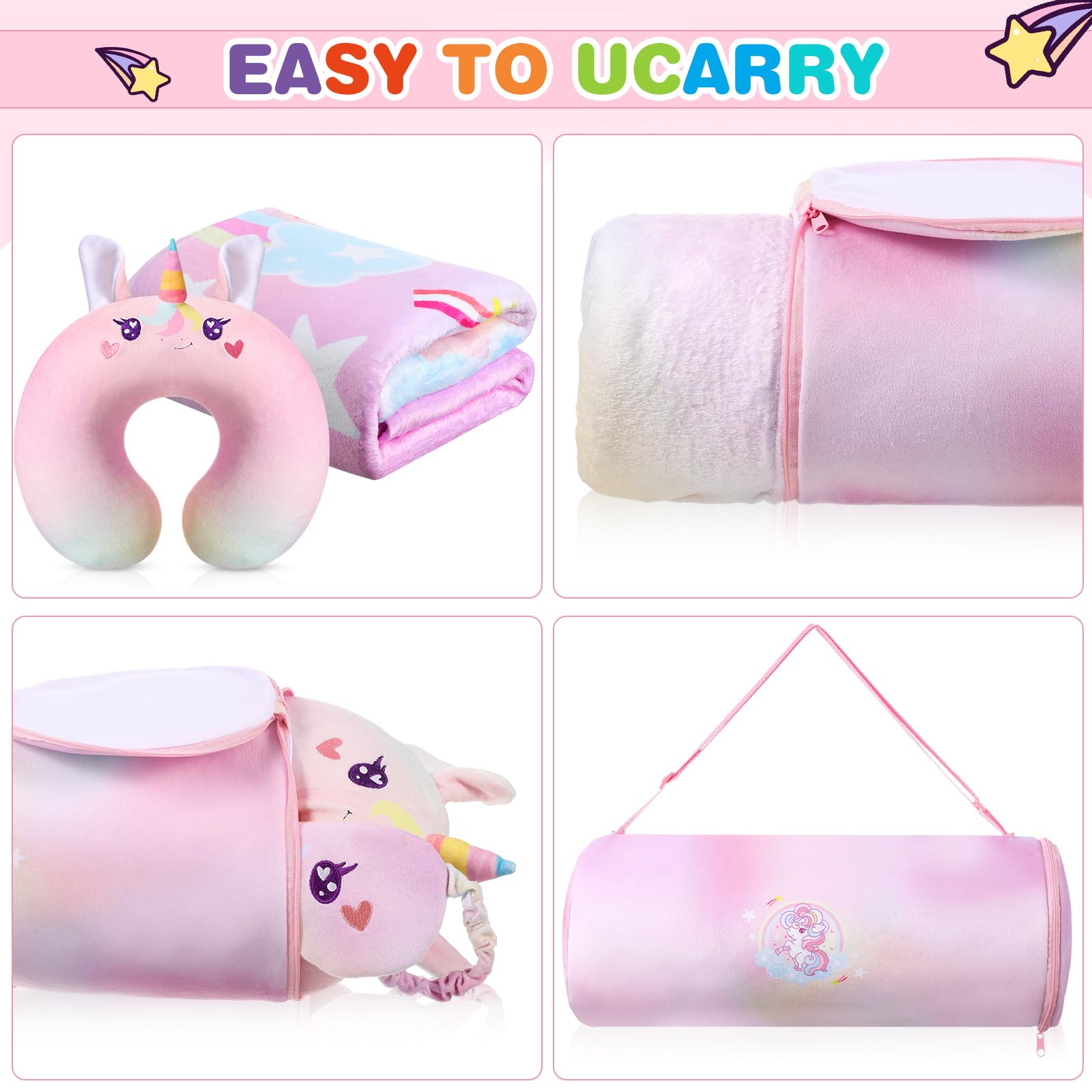 Gulfmew Unicorn Travel Blanket and Pillow Set for Kids Unicorn Airplane Blanket Soft Kids Neck Pillow Eye Mask and Adjustable Storage Bag Cute Travel Accessories for Girl Airplane Car Trip Home Use