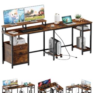 L Shaped Office Desk, 67" Home Office Desk with File Drawer & Power Outlet, Gaming Desk with Mobile CPU Stand, Corner Computer Desk with Monitor Shelf, Printer Storage Shelves, Two Person Desk, Brown