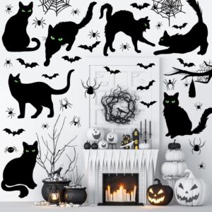 Chivertion 6 Sheets 101 Pcs Halloween Black Cat Wall Sticker Decoration Bats Spiders Web Scary Decals Removable Double Side Wall Window Sticker for Halloween Party Supplies