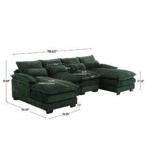 ONEMMLION U Shape Sectional Sofa Cloud Couch for Living Room, 110" Modern Chenille Comfy Modular Sofa, 4 Seat Upholstery Sofa Sleeper with Double Chaise & Memory Foam, Emerald Green