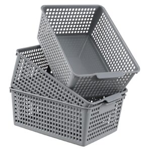 Dehouse Set of 3 Large Plastic Baskets for Organizing, Plastic Storage Basket Organizer, Gray