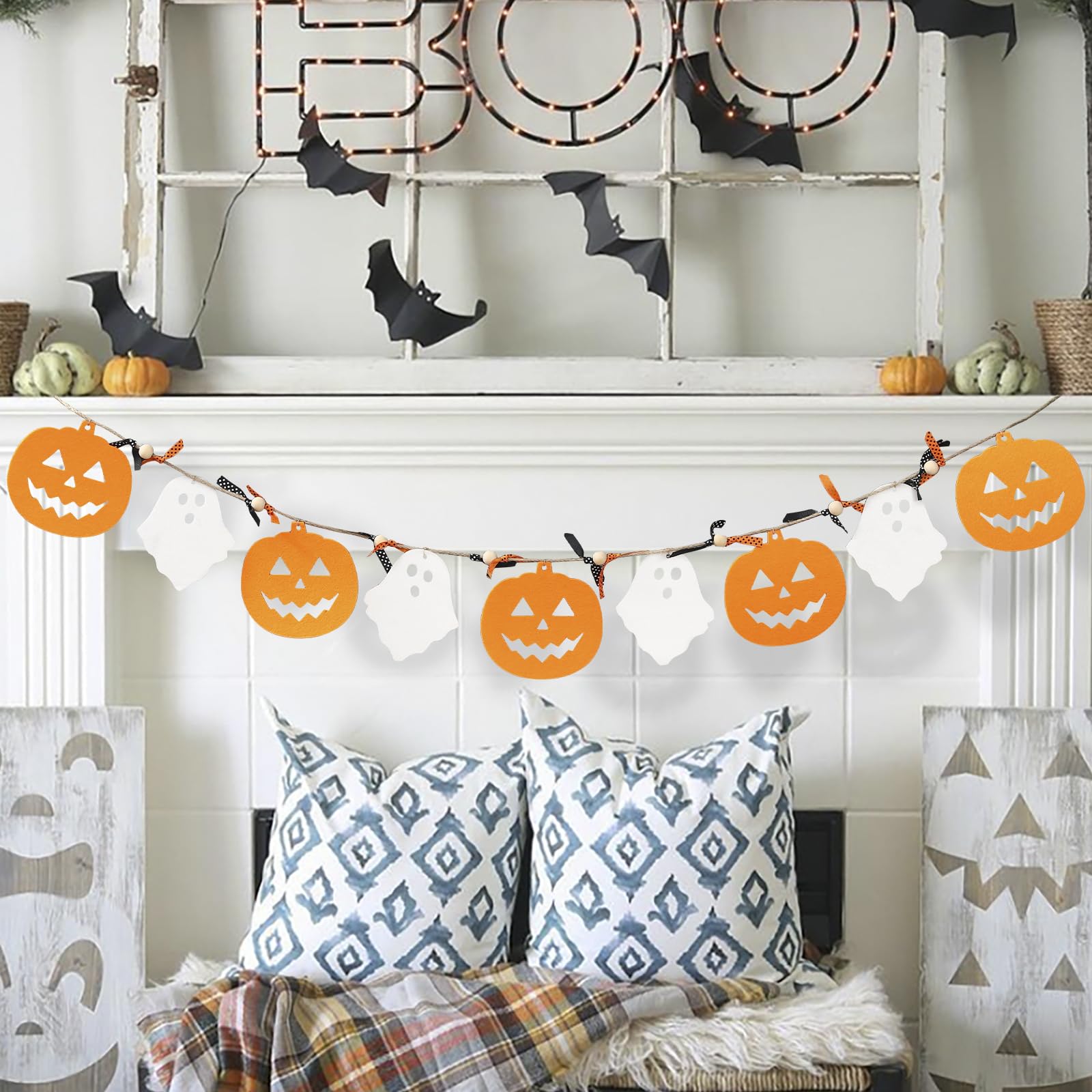 Halloween Decorations-Felt Pumpkin Ghost Wood Beads Garland for Halloween Decorations Indoor-Pumpkin Ghost Garland Banner for Home Party Fireplace Mantle Windows Decor