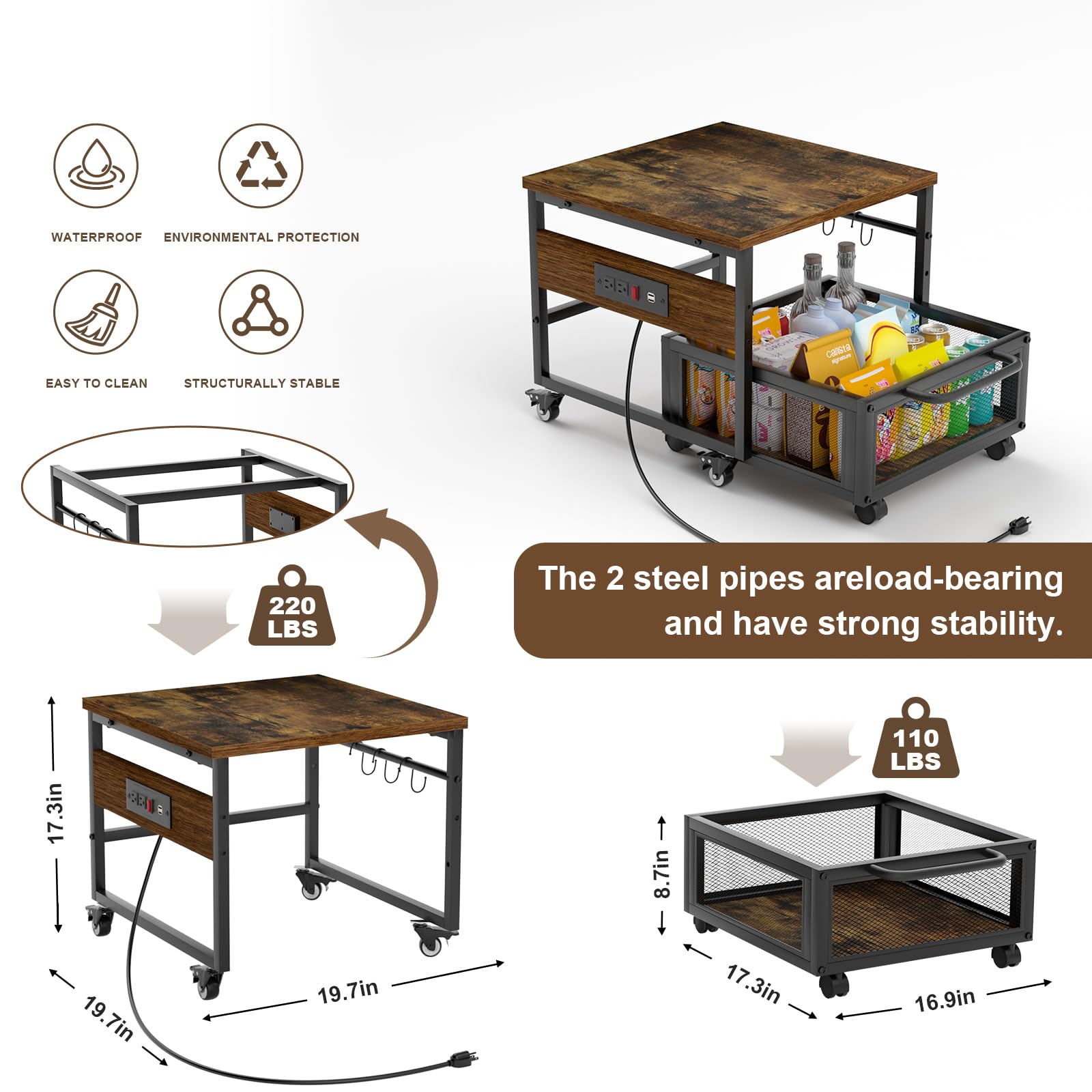 Mini Fridge Stand with Storage and Wheels, Heavy Duty Mini Fridge Table with Power Outlets for 220LBS Refrigerator, Rolling Fridge Cart with Large Capacity Drawer for Dorm,Office,Bedroom (Retro Brown)