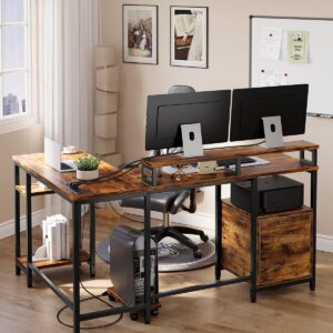 L Shaped Office Desk, 67" Home Office Desk with File Drawer & Power Outlet, Gaming Desk with Mobile CPU Stand, Corner Computer Desk with Monitor Shelf, Printer Storage Shelves, Two Person Desk, Brown