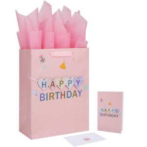 13" large pink gift bag set with greeting card and tissue papers (3d 'happy' design) women's birthday party, girls', or kids' parties, baby shower - 10.2”x5.2”x13”, 1 pcs.