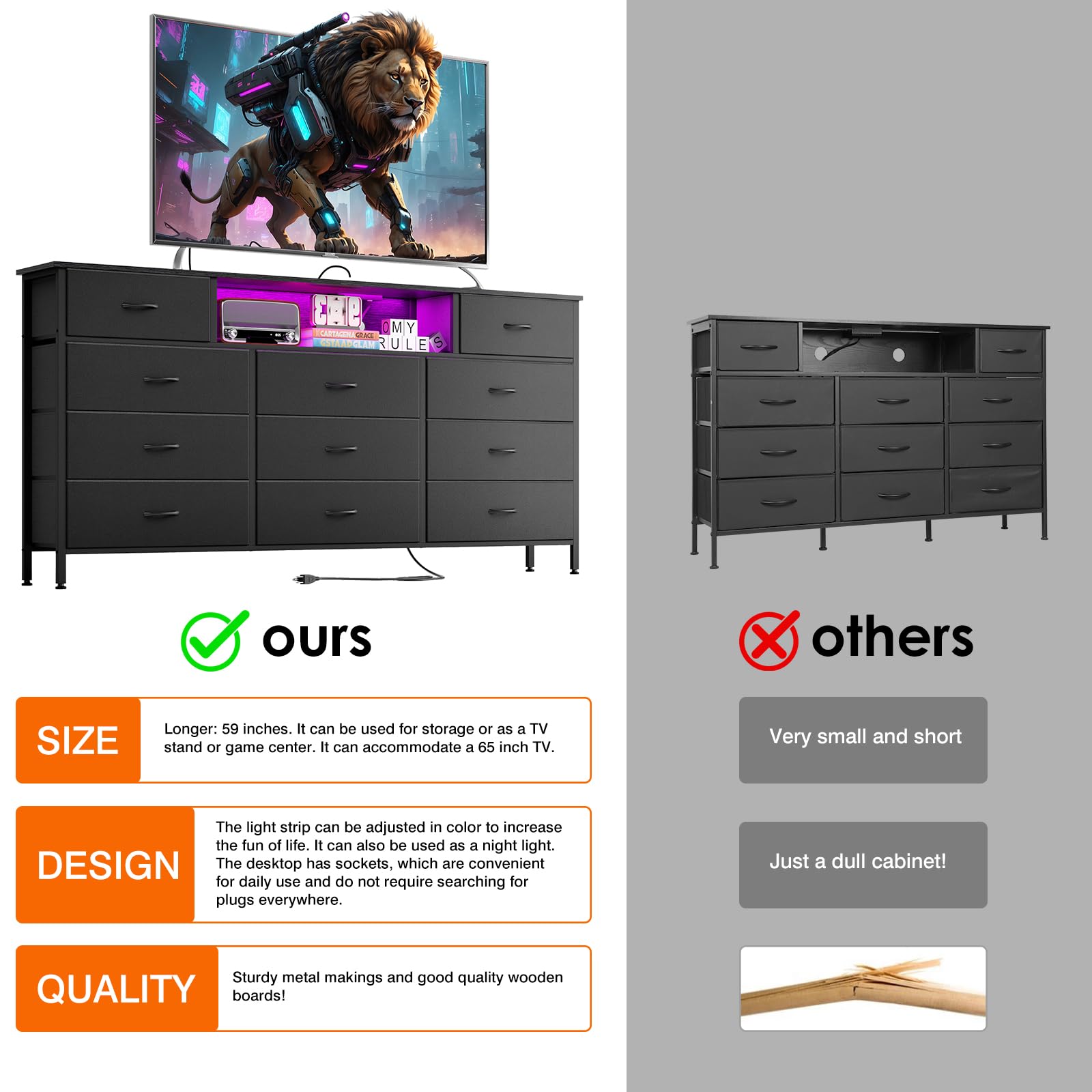 Fixwal Long Dresser for Bedroom with Charging Station and LED Lights, Black Dresser TV Stand with 11 Drawers, Fabric Chest of Drawers with PU Finish for Bedroom, Living Room, Entryway