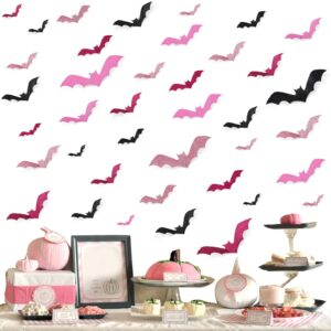 susurprise bat wall decor, 48pcs 3d halloween bat wall stickers, bat wall decals pink black hot pink for halloween party decorations halloween home room bathroom indoor outdoor decor