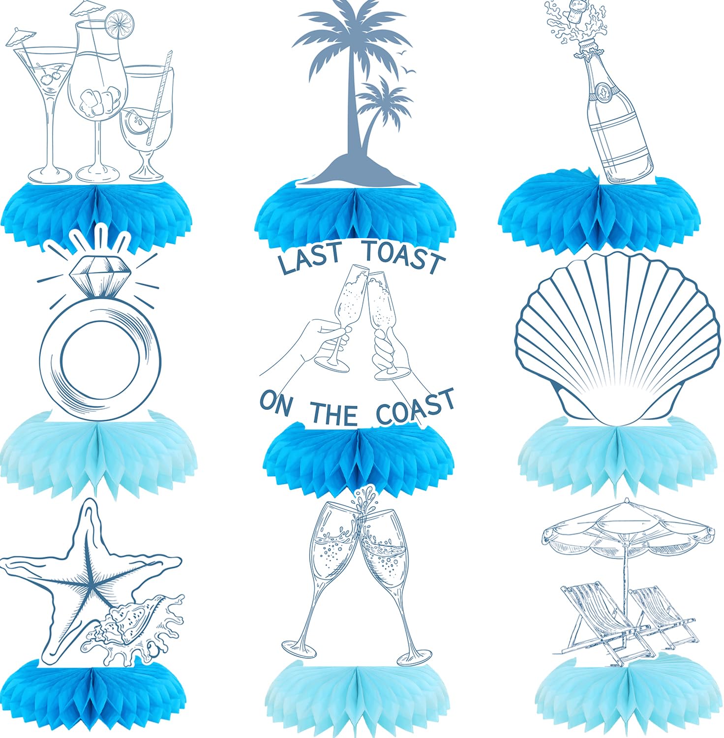 Last Toast On The Coast Party Decorations Coastal Bachelorette Honeycomb Centerpieces Blue Nautical Bachelorette Party supplies with Wine Cup Diamond Ring Shells Starfish for Bridal Shower