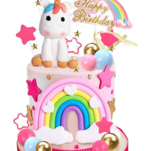 29 PCS Unicorn Cake Topper, Unicorn Cake Decorations with Rainbow Stars Unicorn Balls Happy Birthday Cake Decorations for Boys Girls Kids Birthday Party Baby Shower Supplies