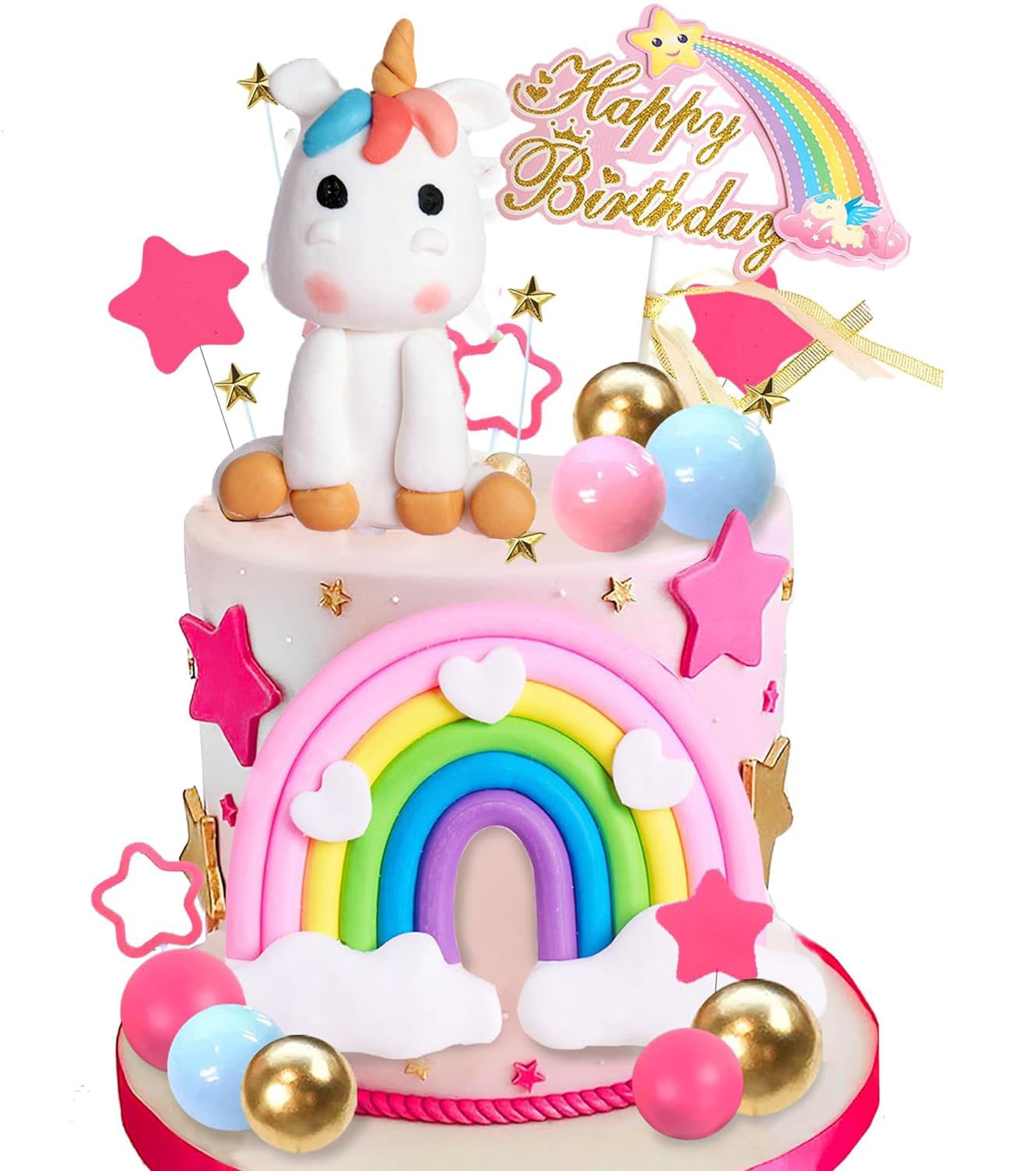 29 PCS Unicorn Cake Topper, Unicorn Cake Decorations with Rainbow Stars Unicorn Balls Happy Birthday Cake Decorations for Boys Girls Kids Birthday Party Baby Shower Supplies