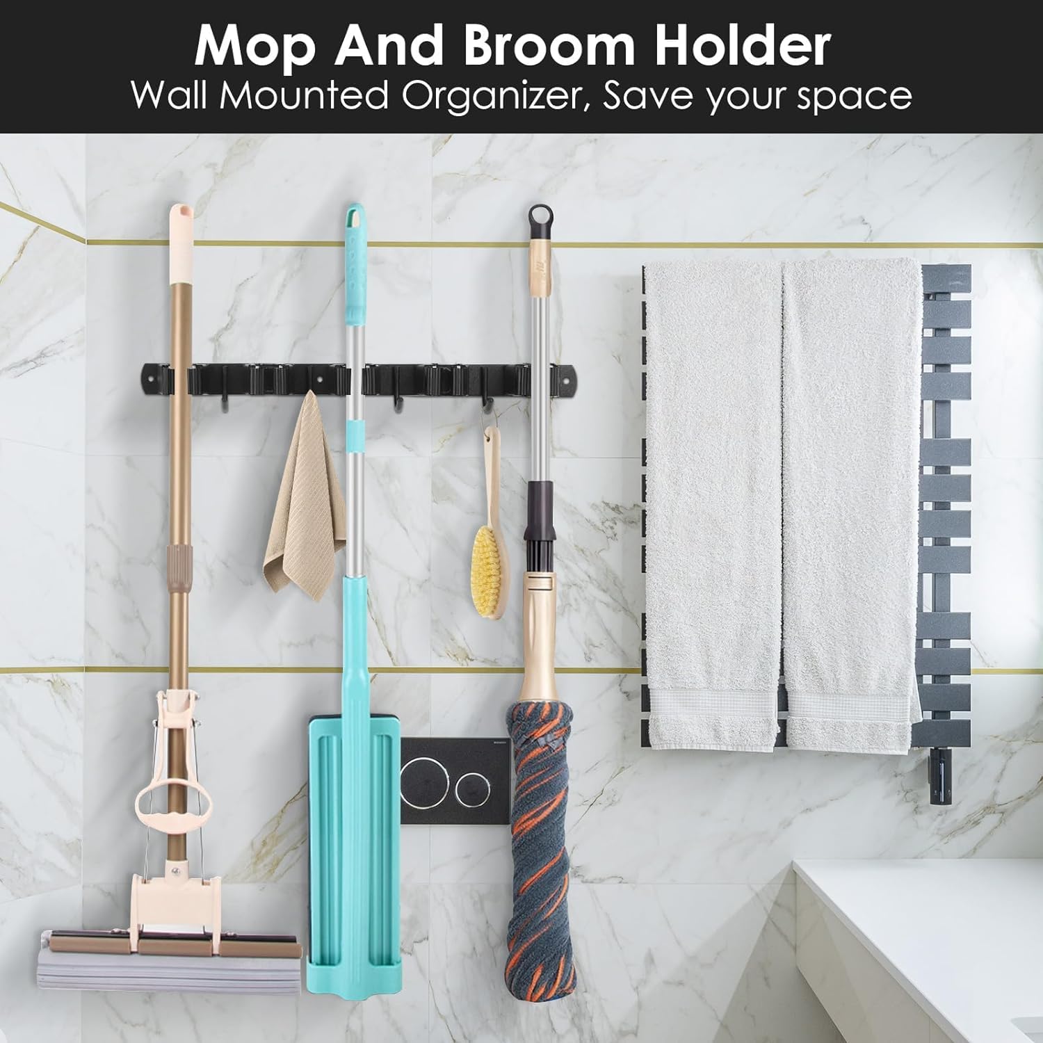 lazycozy® Broom Holder Wall Mount, Mop and Broom Organizer Wall Hanging, 5 Clamps and 4 Hooks + 2 Independent Clamps, Tool Storage Utility Rack for Home Kitchen Garden Laundry Garage