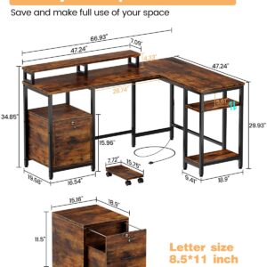 L Shaped Office Desk, 67" Home Office Desk with File Drawer & Power Outlet, Gaming Desk with Mobile CPU Stand, Corner Computer Desk with Monitor Shelf, Printer Storage Shelves, Two Person Desk, Brown