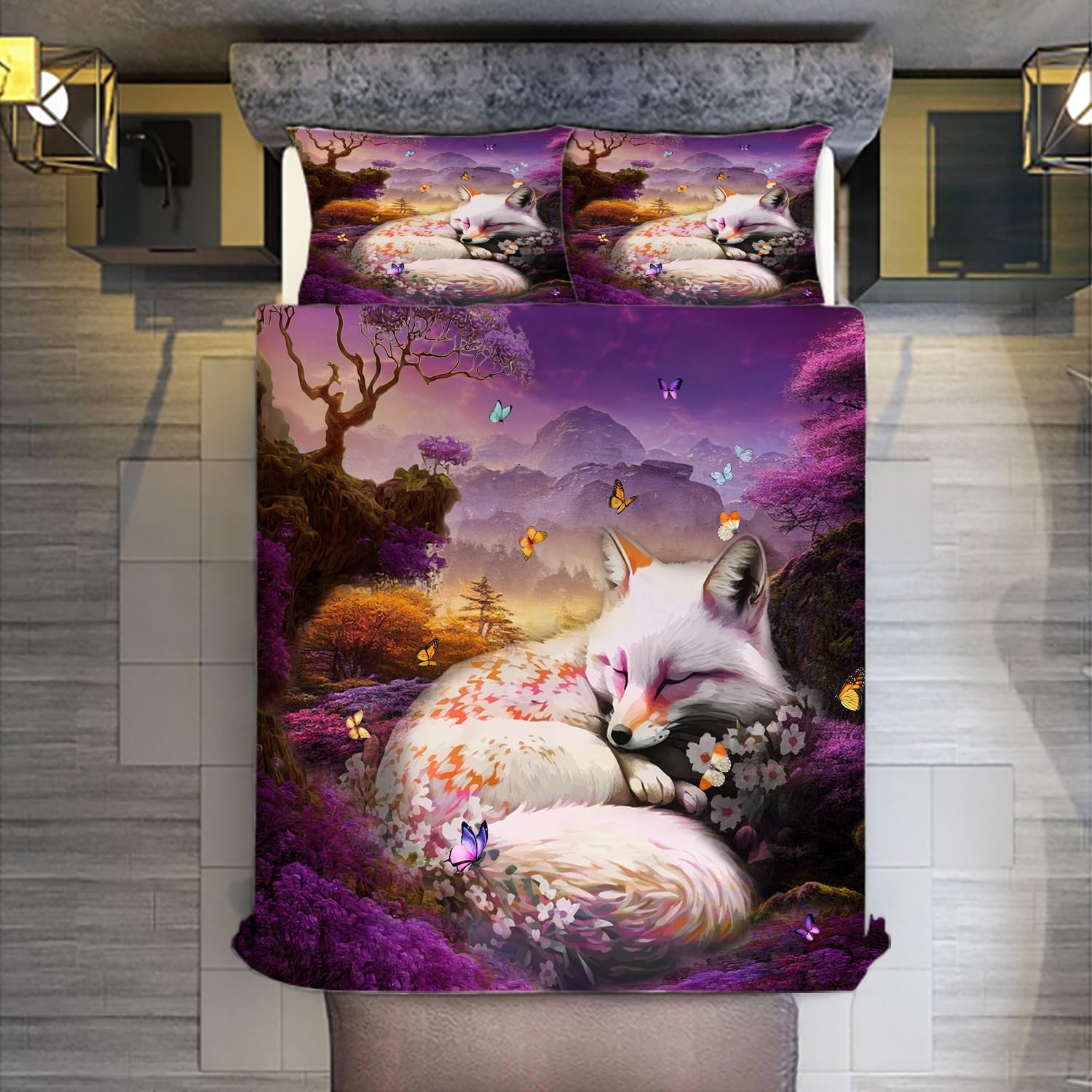 MSSHUKYTT Fantasy Nature Landscape Queen Size Duvet Cover Set,Fairy Tale Forest Wildlife Fox Florals Lavender Butterfly Daisy Comforter Cover Sets(1 Duvet Cover 2 Pillowcases)