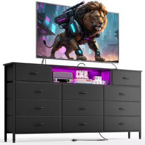 fixwal long dresser for bedroom with charging station and led lights, black dresser tv stand with 11 drawers, fabric chest of drawers with pu finish for bedroom, living room, entryway