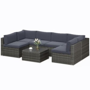 sunvivi outdoor 7 piece patio furniture sets all weather gery pe wicker couch sofa with glass table, removable dark grey cushions