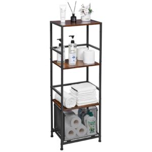 4-tier bathroom storage shelves, retro shelving unit and storage bathroom rack, iron wood combination heavy duty bathroom stand with drawer, freestanding tall shelf for bathroom, kitchen, laundry