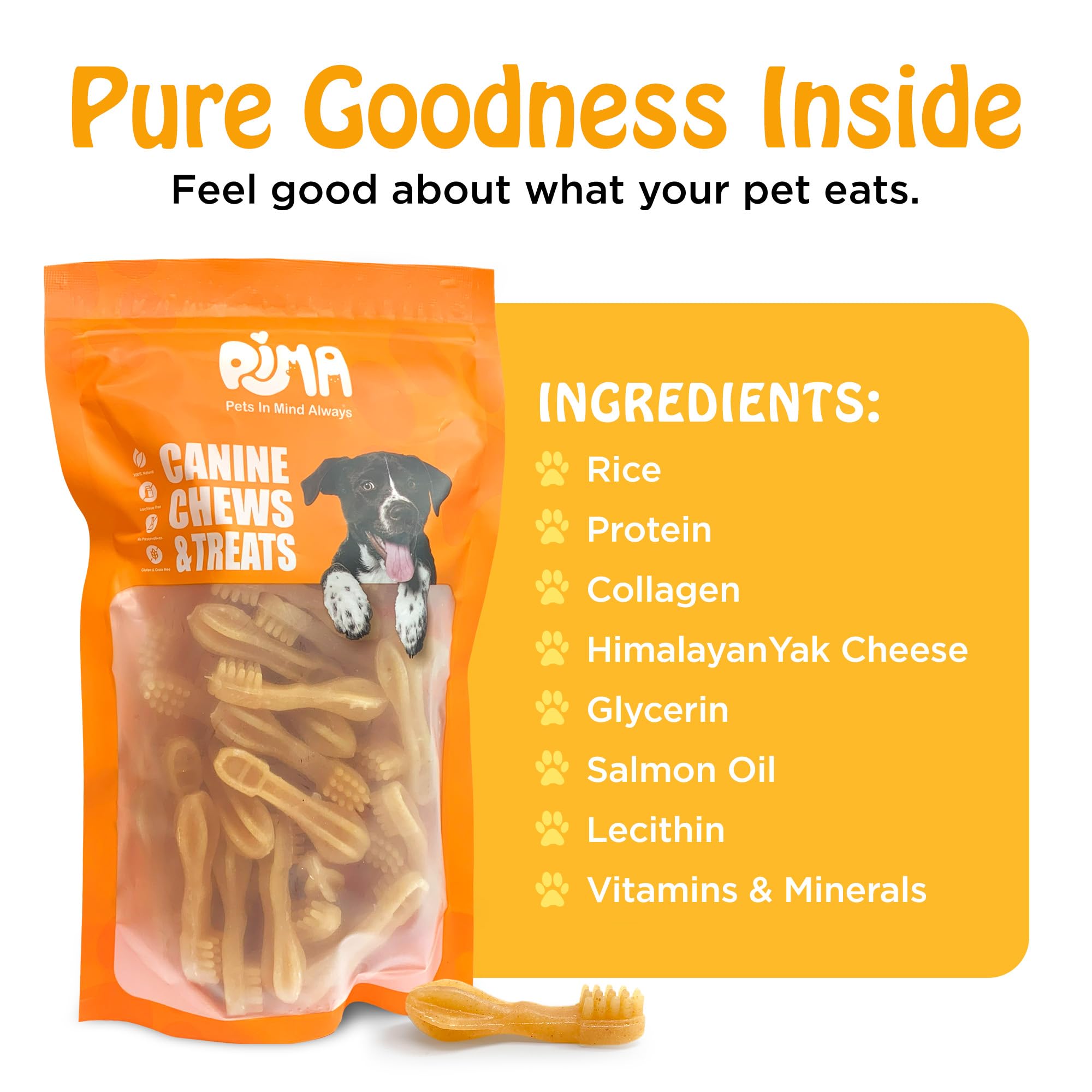 PIMA - Cheesy Dental Dog Brush Treat, Yak Cheese Dental Chews for Dogs, Natural Dog Teeth Cleaning Treat for Fresh Breath, Lactose, Corn, Grain, Soy & Rawhide - Free (4 oz, Dental Brush)