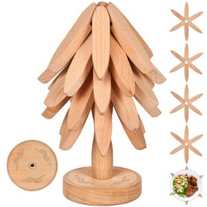 wooden trivets for hot dishes， tree shape trivet set,trivets for hot dishes store like a christmas tree - 5 wooden trivet + 1 stand（beech wood）