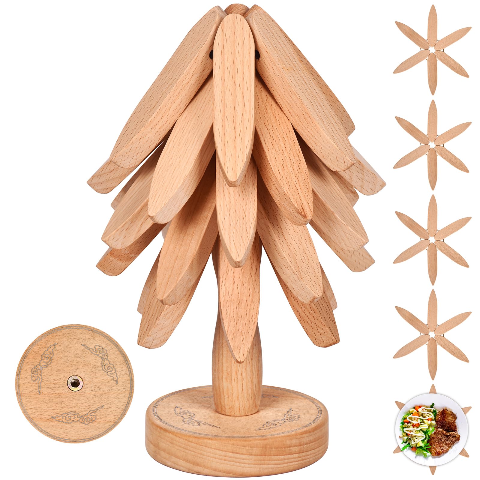 Wooden Trivets for Hot Dishes， Tree Shape Trivet Set,Trivets for Hot Dishes Store Like a Christmas Tree - 5 Wooden Trivet + 1 Stand（Beech Wood）