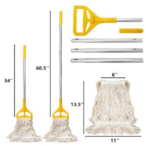 Yesland Commercial Mop with 2 Mop Heads, Industrial Cotton Mop with 61inch Long Handle, Heavy Duty Looped-End String Wet Mops for Cleaning Office Garage Hardwood Warehouse Factory Mall Deck