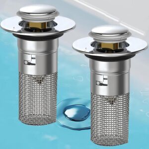 2pcs pop up bathroom sink drain strainer hair catcher, 2024 new stainless steel floor drain filter with removable stainless steel filter basket, for us universal bathroom kitchen basin sink stopper