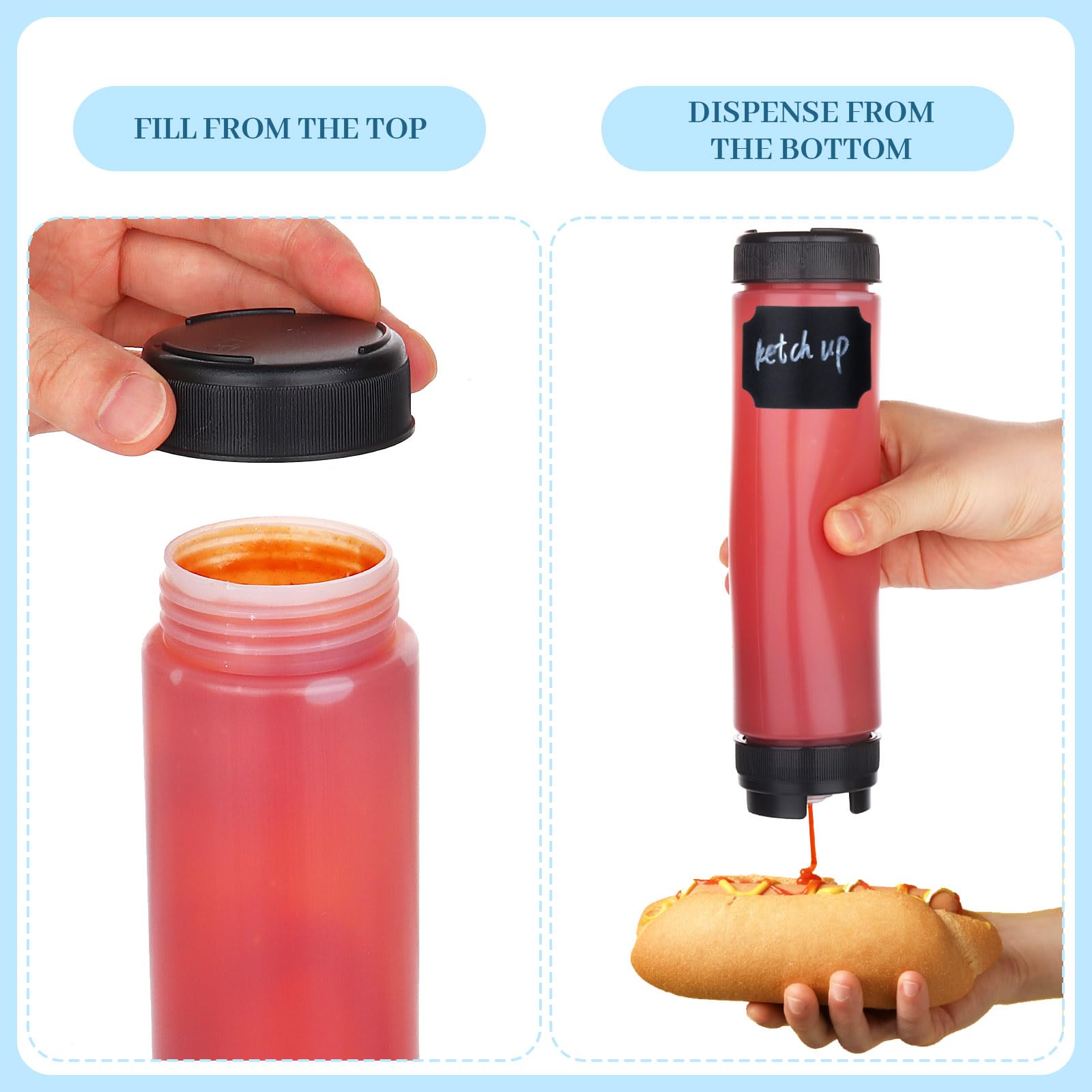 6 Pcs Condiment Squeeze Bottles for Sauces 16 Oz Inverted Ketchup Bottles Squeeze Plastic Mustard Dispenser Refillable Tip Large Valve Squirt Bottles for Liquids Reusable Kitchen Condiment Container