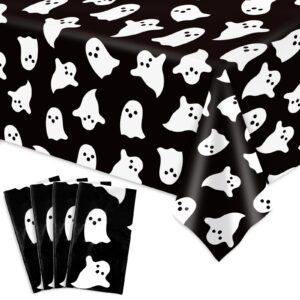 jarthenaamcs 4pcs halloween plastic tablecloths white black ghost disposable table cover spooky rectangle table cloth for halloween party table decor, 54 x 108 inch