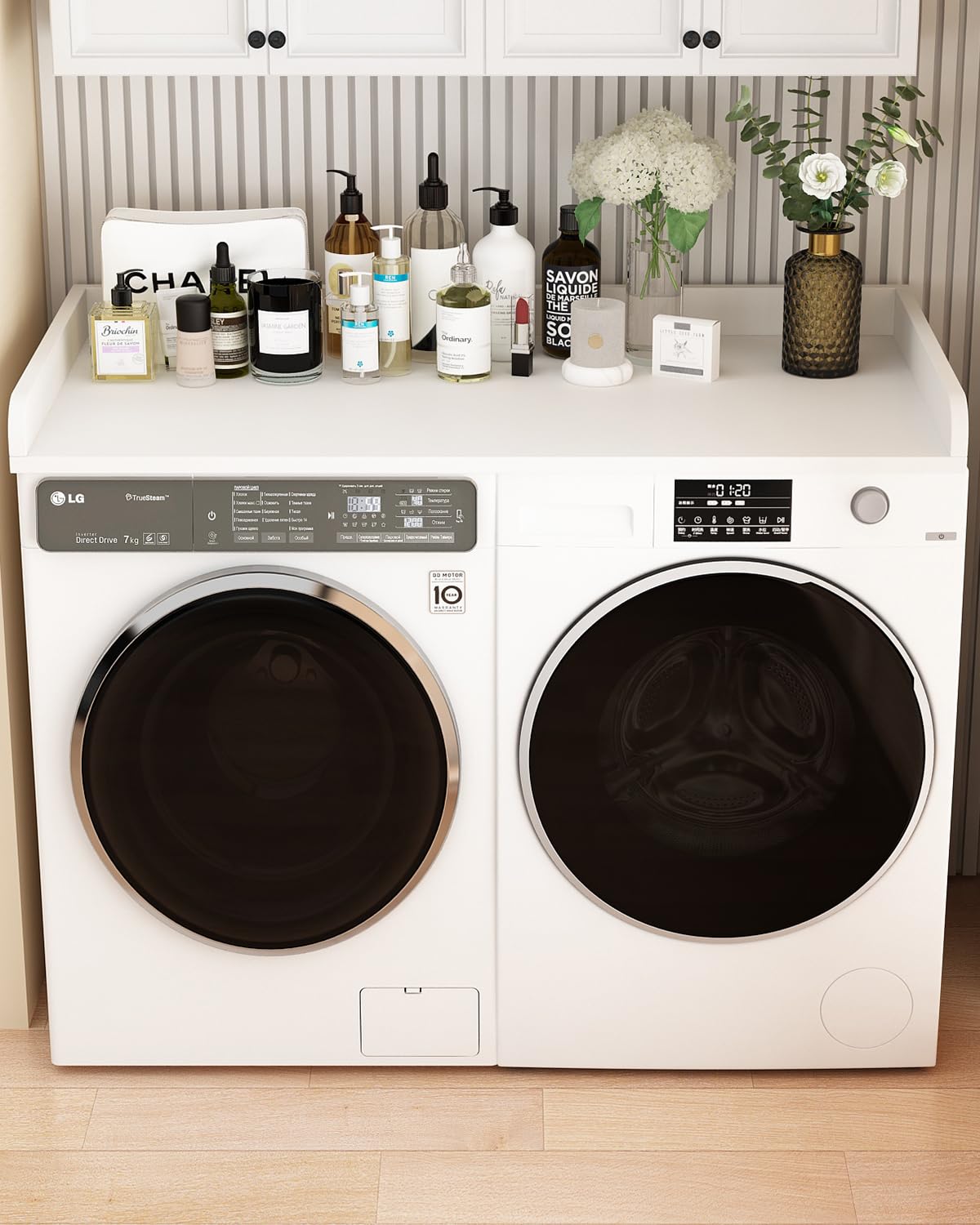 RRWJVU Washer Dryer Countertop,27.5" x 54" Solid Wood Countertop with Anti- Slip Pad for Laundry Room Organization. White