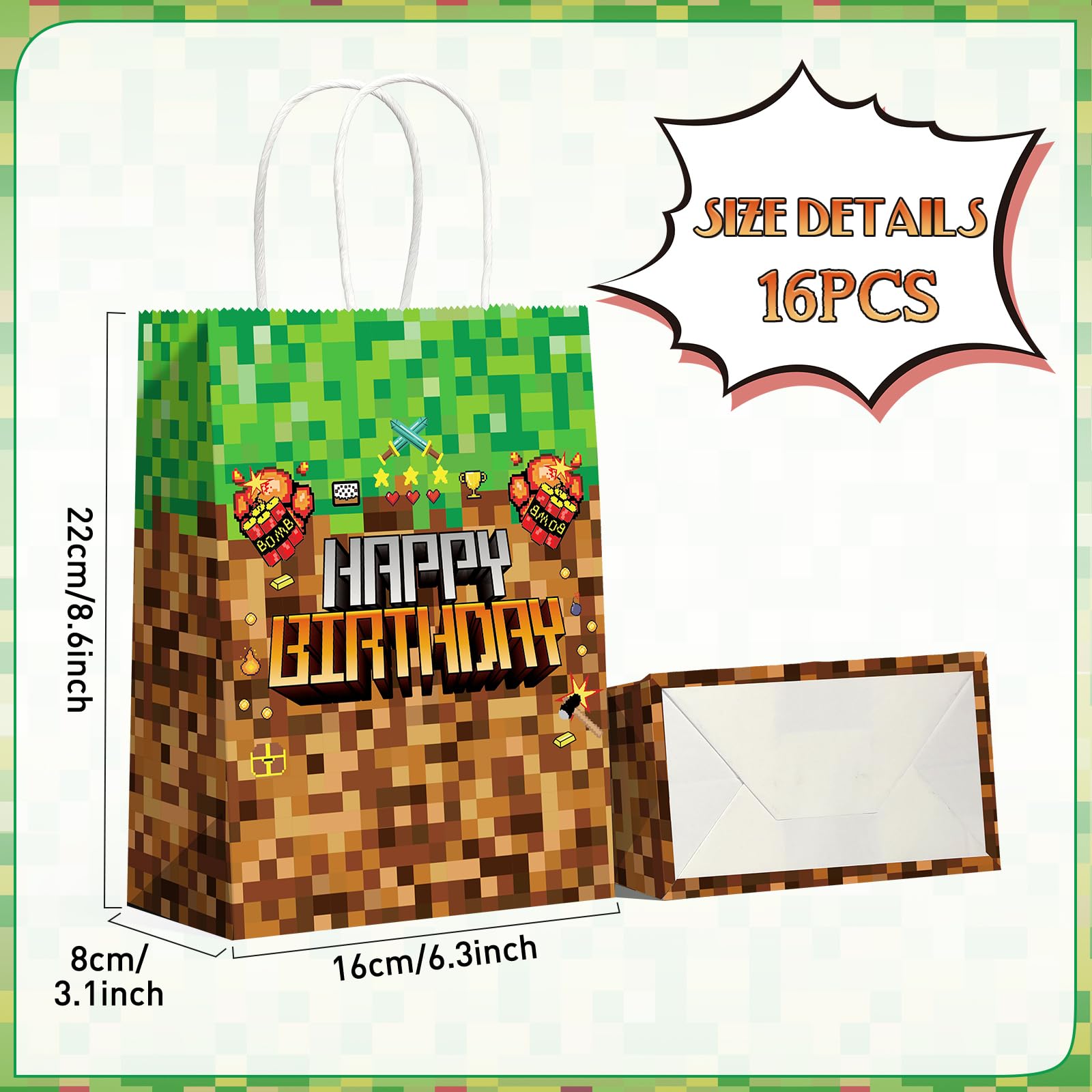 16pcs Pixel Party Favor Bags with Handle Paper Miner Gift Bags Candy Bags Goodie Treat Bags for Mining Pixel Video Game Party Decorations Birthday Party Supplies