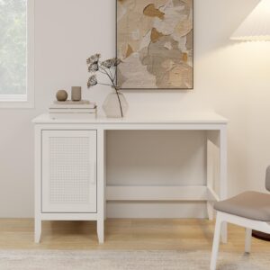 LTMEUTY White Computer Desk with Storage, 47 Inch Home Office Writing Desk for Small Space, Rattan Work Desk, Simple Modern Study Table for Bedroom