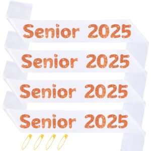 4pcs white senior 2025 sash with orange printing letters, 2025 graduation celebrations sashes, class of 2025 sash for graduation party, senior cheer sashes, cheerleader sash, class competition sashes