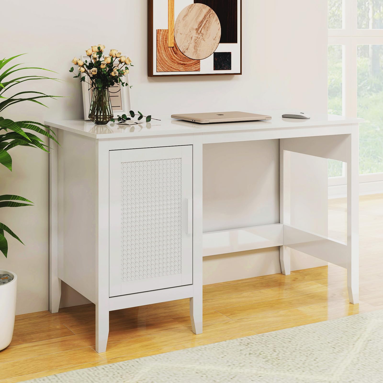 LTMEUTY White Computer Desk with Storage, 47 Inch Home Office Writing Desk for Small Space, Rattan Work Desk, Simple Modern Study Table for Bedroom