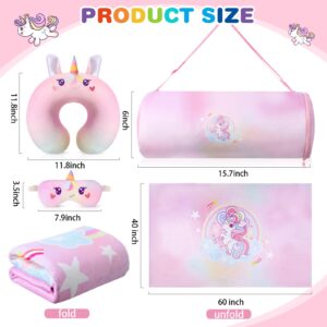 Gulfmew Unicorn Travel Blanket and Pillow Set for Kids Unicorn Airplane Blanket Soft Kids Neck Pillow Eye Mask and Adjustable Storage Bag Cute Travel Accessories for Girl Airplane Car Trip Home Use