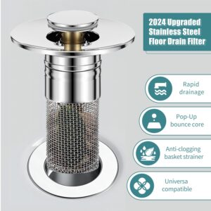 2PCS Pop Up Bathroom Sink Drain Strainer Hair Catcher, 2024 New Stainless Steel Floor Drain Filter with Removable Stainless Steel Filter Basket, for US Universal Bathroom Kitchen Basin Sink Stopper