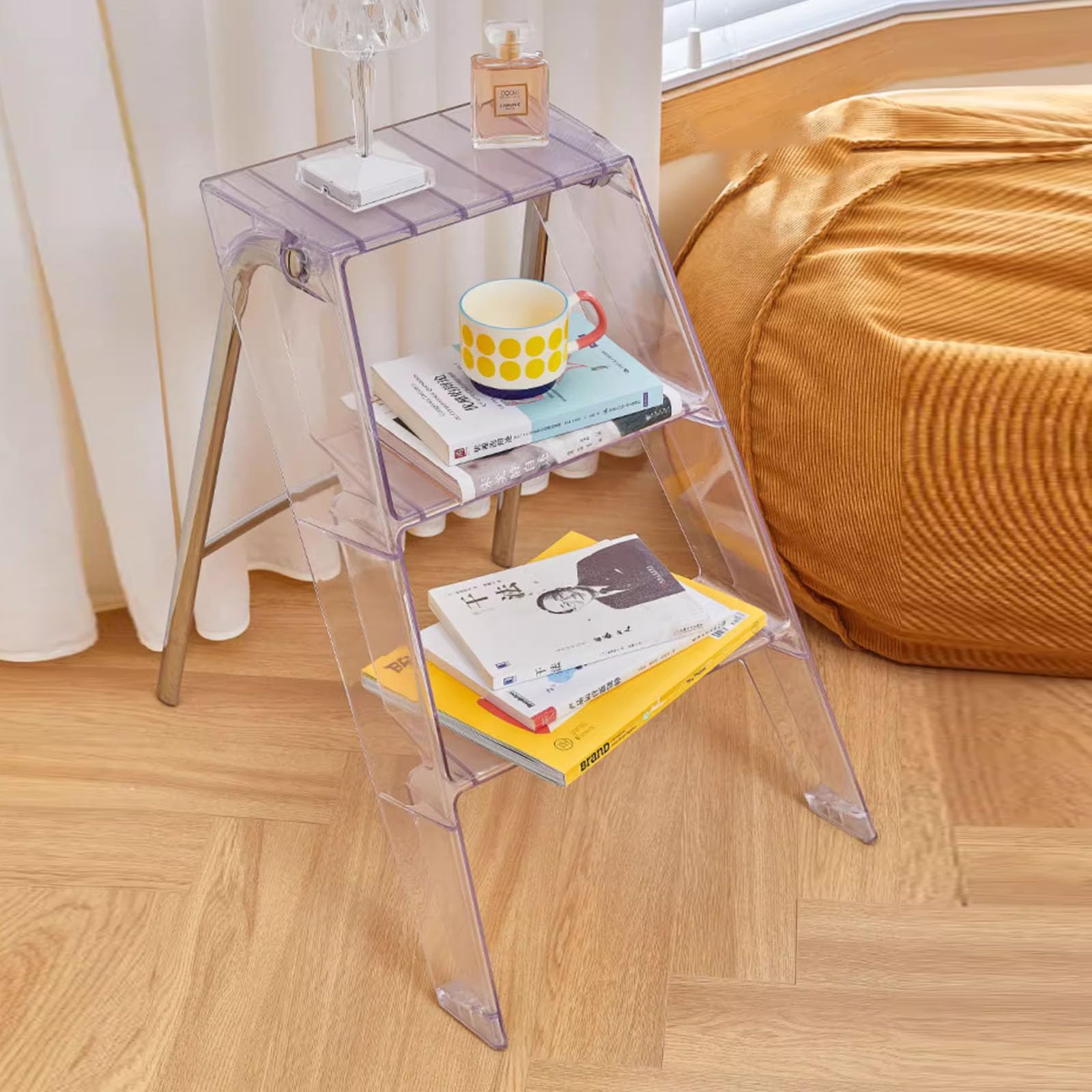 Folding Step Stool for Adults 3 Step LadderStep Stool Acrylic Chair with Anti-Slip Platform and Steel Frame, Storage Shelf for Garden Kitchen Library