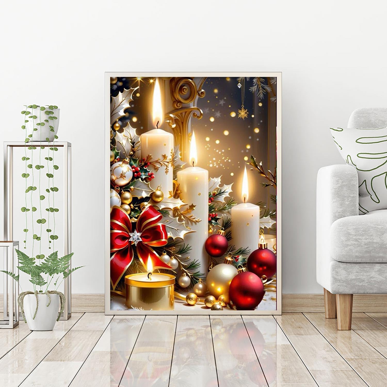 Christmas Diamond Painting Kits for Adults, Christmas Candles Diamond Art for Beginners, 5D Round Full Drill Winter Diamond Painting Gem Art Kits for Home Wall Decor 12x16inch