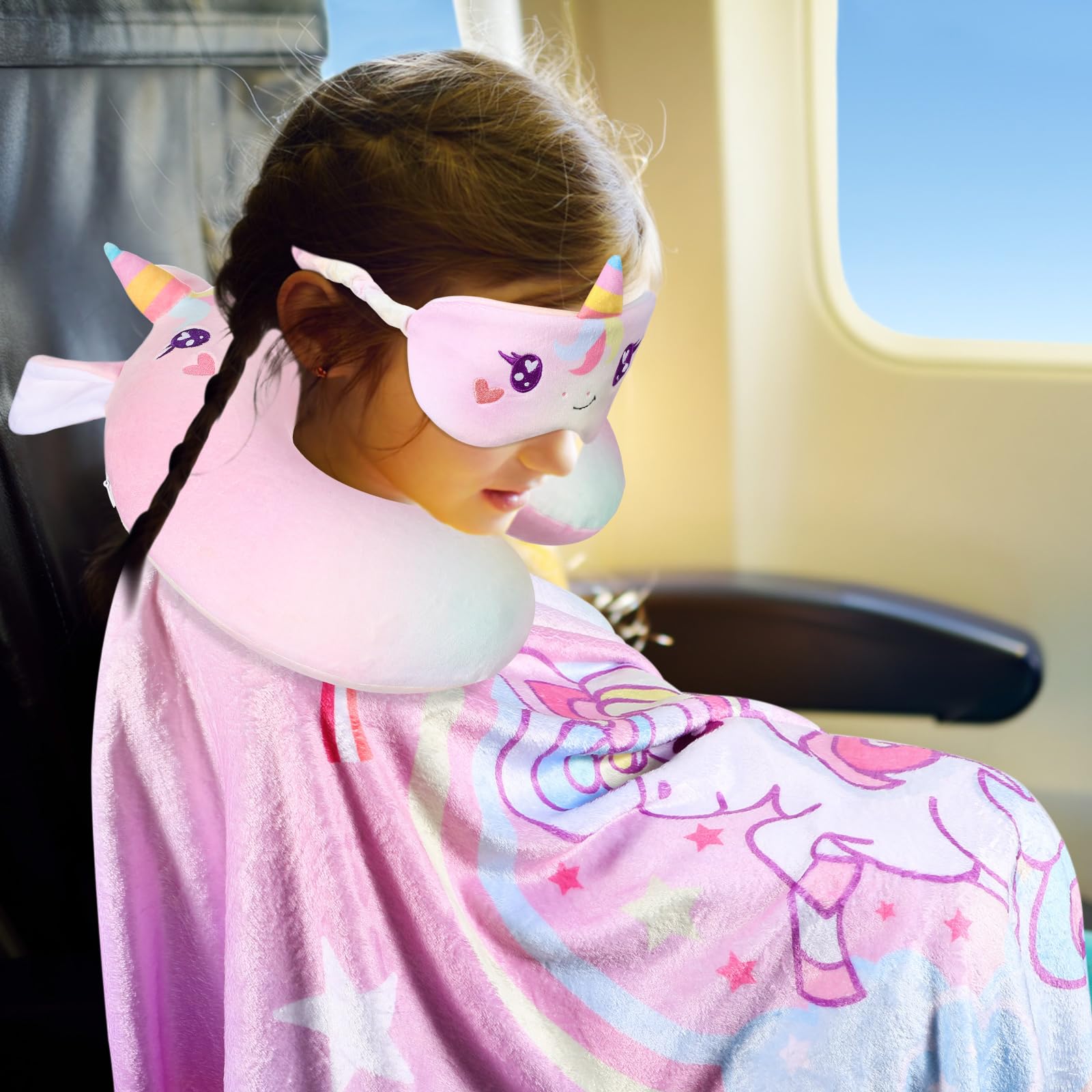 Gulfmew Unicorn Travel Blanket and Pillow Set for Kids Unicorn Airplane Blanket Soft Kids Neck Pillow Eye Mask and Adjustable Storage Bag Cute Travel Accessories for Girl Airplane Car Trip Home Use