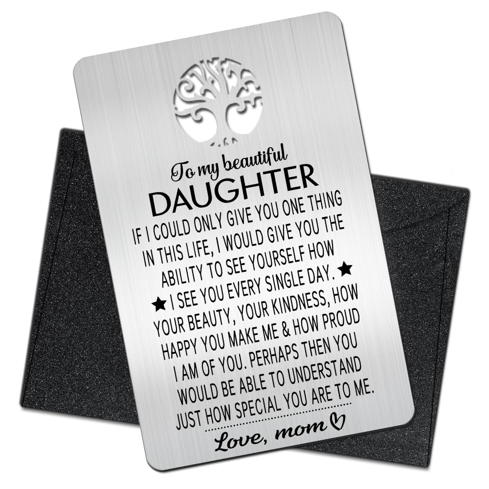 Mhfpl To My Daughter Wallet Card, Engraved Metal Wallet Insert Card Love Note from Mom, Inspirational Quote Card for Daughter, Encouragement Birthday Gifts Graduation Wedding Christmas Gifts