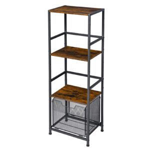 4-tier standing storage shelves, narrow shelving unit for small places, metal wood combination storage shelf rack with wire basket,adjustable utility shelf for bathroom kitchen laundry garage