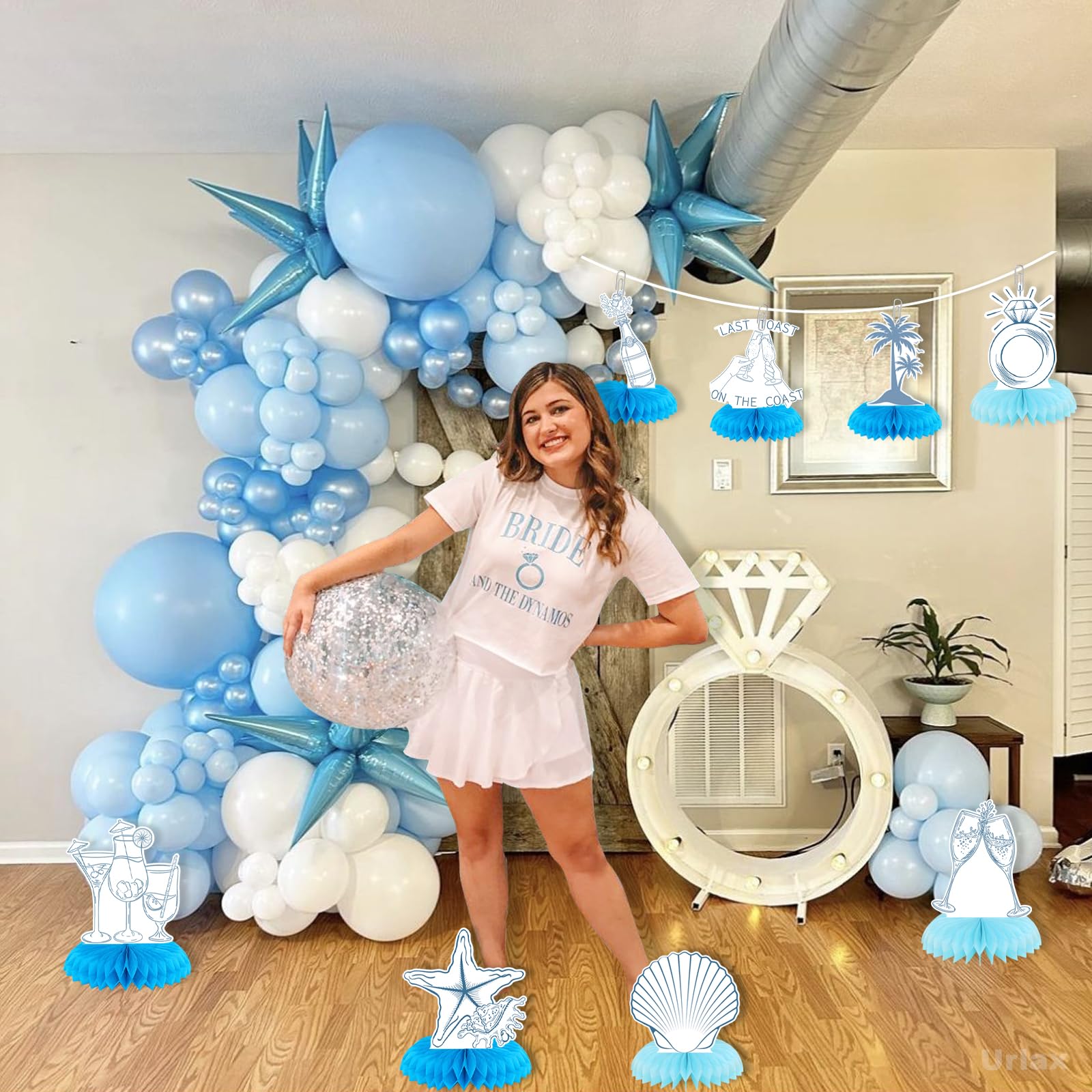 Last Toast On The Coast Party Decorations Coastal Bachelorette Honeycomb Centerpieces Blue Nautical Bachelorette Party supplies with Wine Cup Diamond Ring Shells Starfish for Bridal Shower