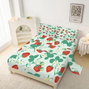 Girls Strawberry Sheets Set Queen Size 4 Pcs Cute Cartoon Fruit Green Kawaii Bedding Set for Kids Teens Bed 1 Fitted Sheet with 1 Flat & 2 Pillowcases