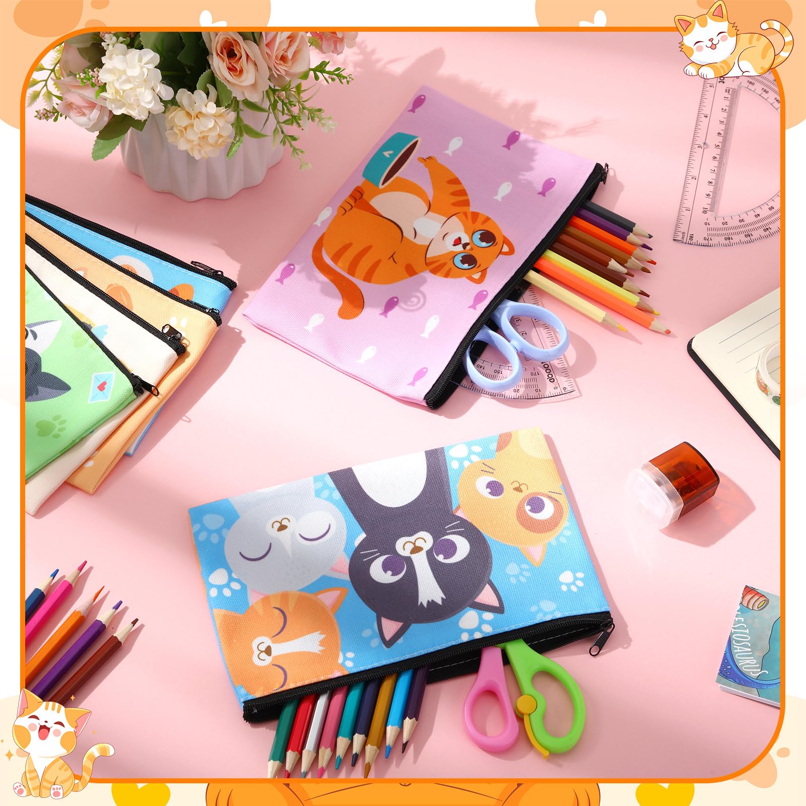 Shinylin 24 Pcs Bulk Cartoon Zipper Pencil Case Pouch Cute Cartoon Animal Pen Bag Multipurpose Canvas Cosmetic Bag Pouches Organizer for Boy Girl Stationary Storage(Cat Style)