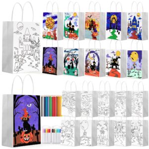 aothotop 60pcs halloween paper bags color your own bags for kids bulk halloween candy bags with handles 48 watercolors and colored pencils,diy halloween goodie bags party favors trick or treat bags