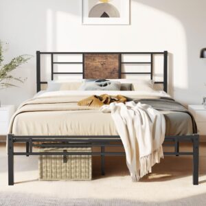 vecelo full size bed frame with headboard, heavy-duty platform with metal slats support, no box spring needed/easy assembly, black