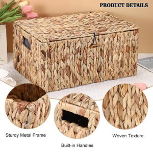 Hipiwe Wicker Storage Bins with Lid, X-Large Handwoven Water Hyacinth Wicker Baskets Rectangular Decorative Shelf Baskets Bin Built-in Handles Household Basket Boxes for Shelf Home Organizing