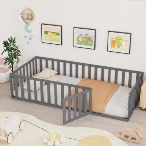 twin size floor bed for kids, wood montessori floor beds with guardrails & detachable door, multifunctional montessori bed frame for boys girls, standard size, no weight limit, easy assemble, gray