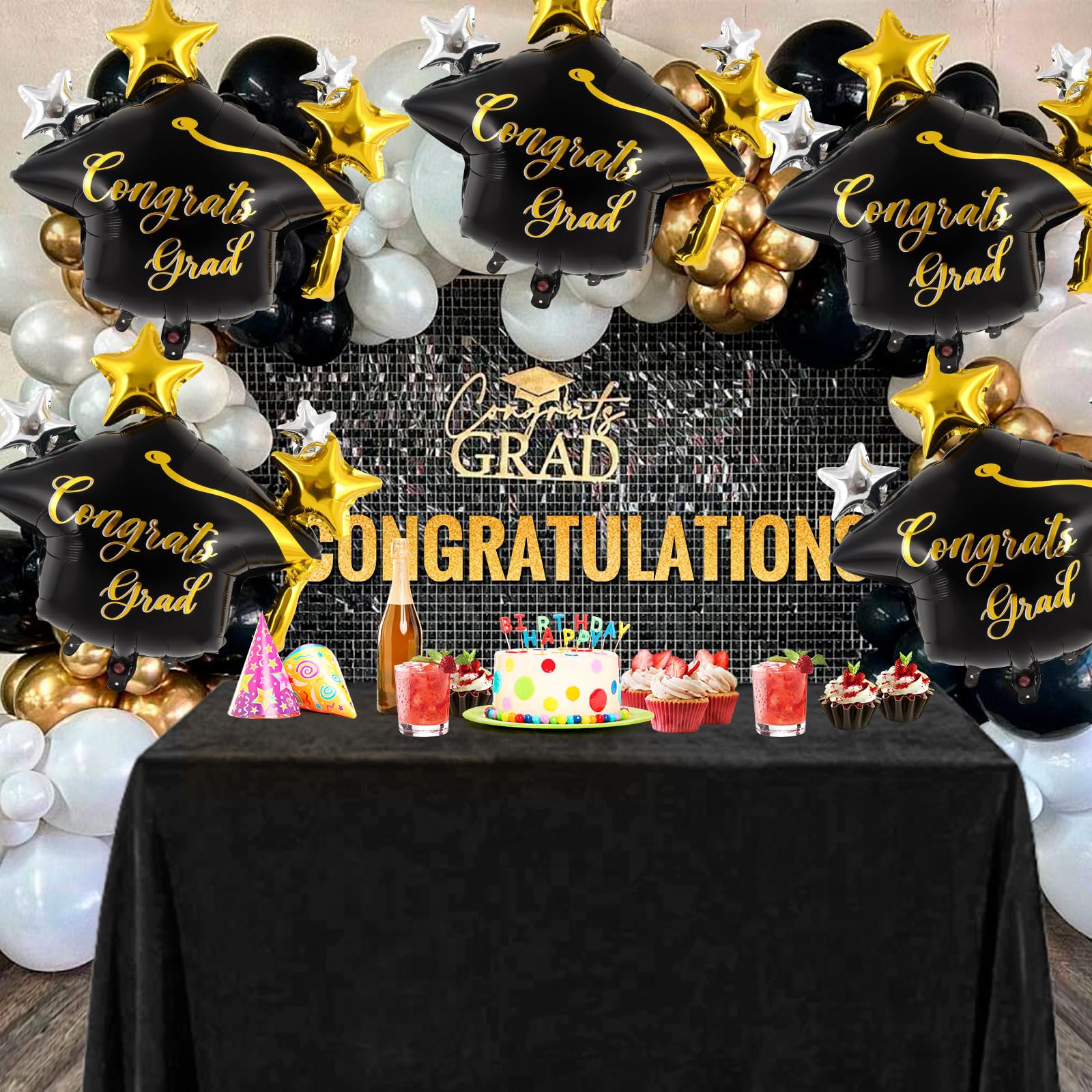 Graduation Cap Balloons, Large Academic Cap Shaped Black Mylar Graduation Foil Balloons, Grad Hat balloons for 2024 Graduation Party Decorations (Black Gold)