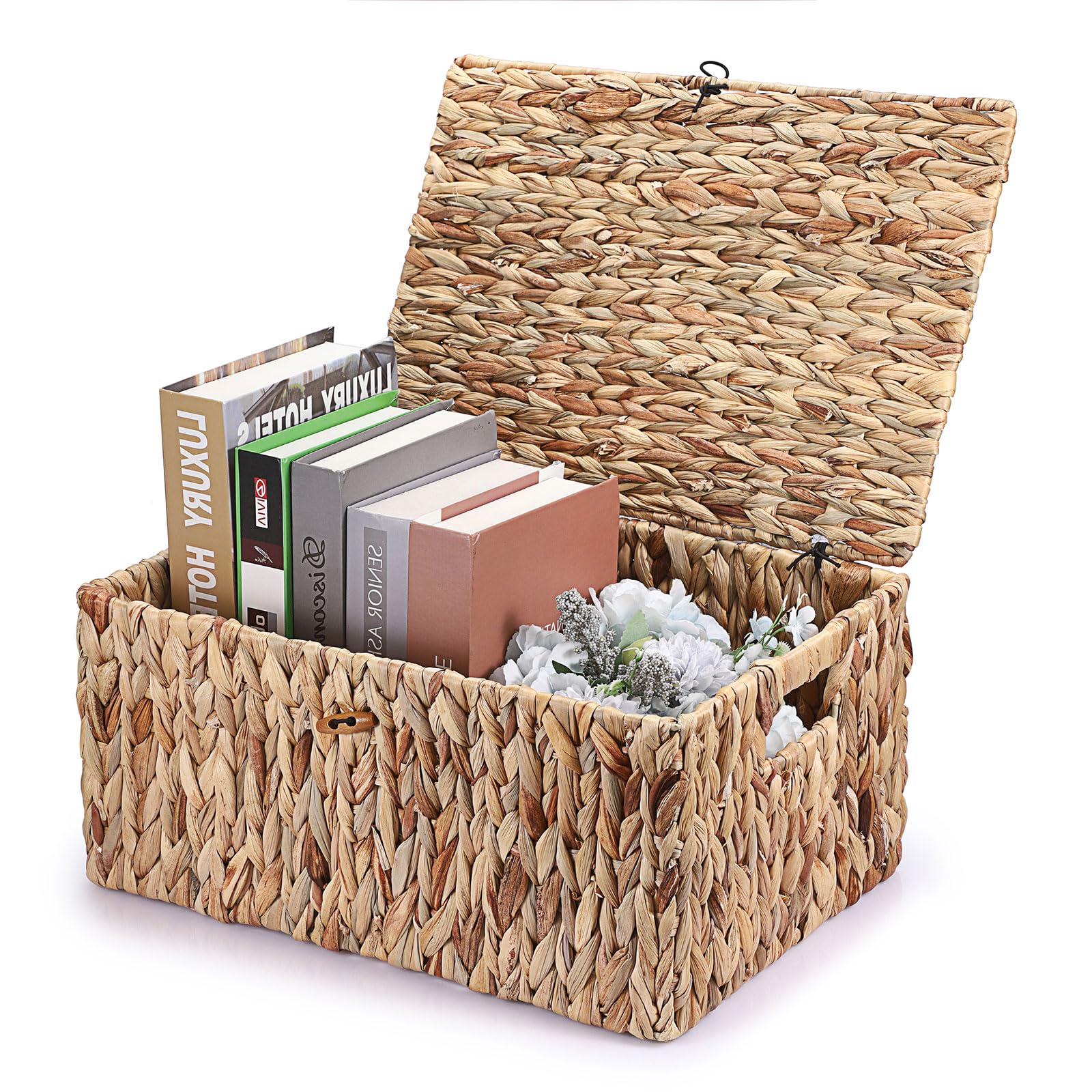 Hipiwe Wicker Storage Bins with Lid, X-Large Handwoven Water Hyacinth Wicker Baskets Rectangular Decorative Shelf Baskets Bin Built-in Handles Household Basket Boxes for Shelf Home Organizing